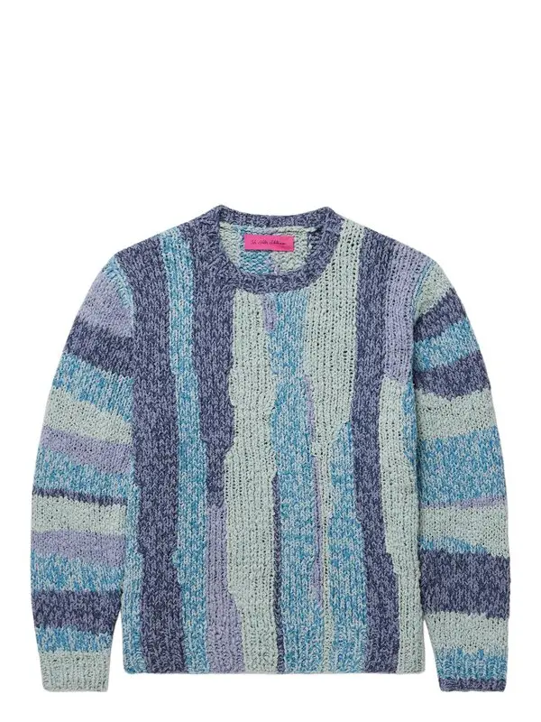 THE ELDER STATESMAN Striped Crocheted Organic Cotton Sweater - Blue