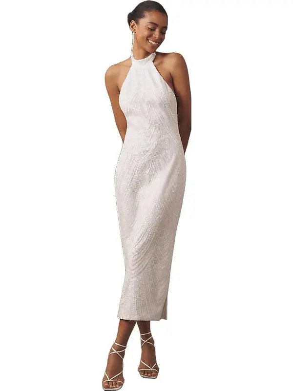 ANNE BARGE Halter Sequin Midi Dress - White