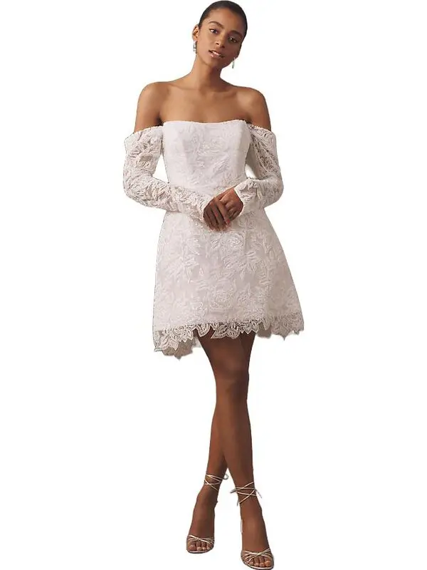 ANNE BARGE Xoxo Off-the-shoulder Embellished Lace Mini Dress - White