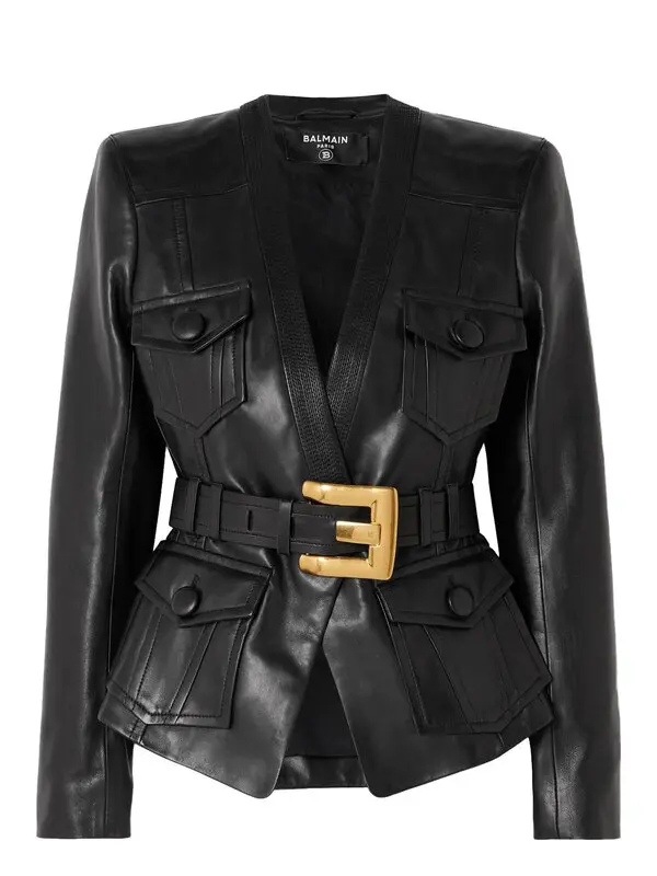 Balmain Belted Leather Blazer - Black