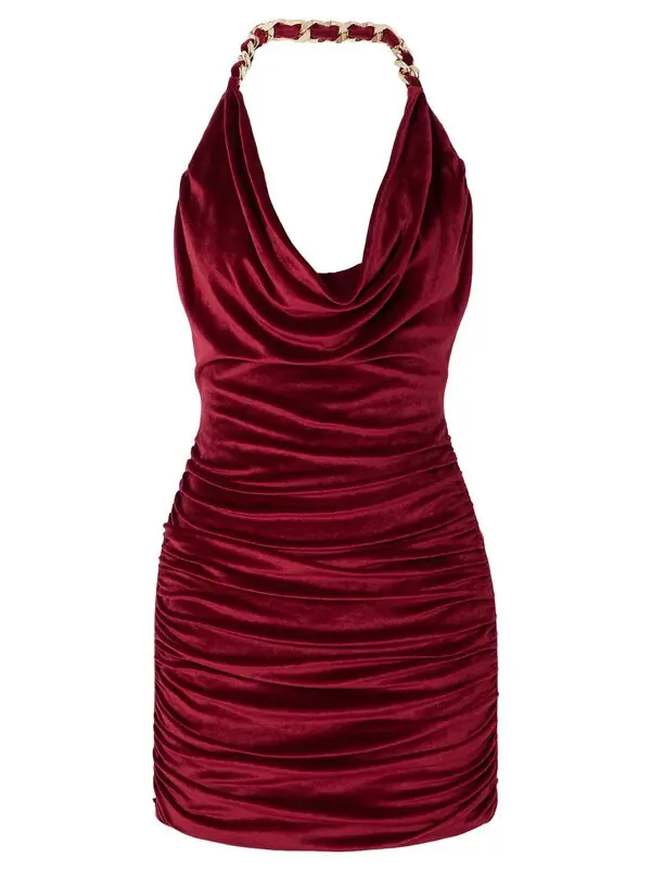 Balmain Chain-embellished Draped Velvet Mini Dress - Burgundy