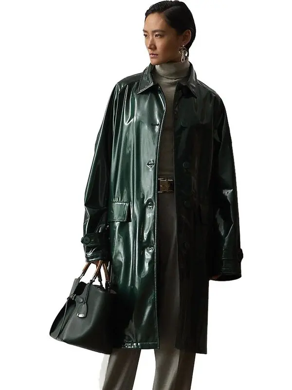 Ralph Lauren Korrina Synthetic Patent Balmacaan Coat - Dark Racing Green