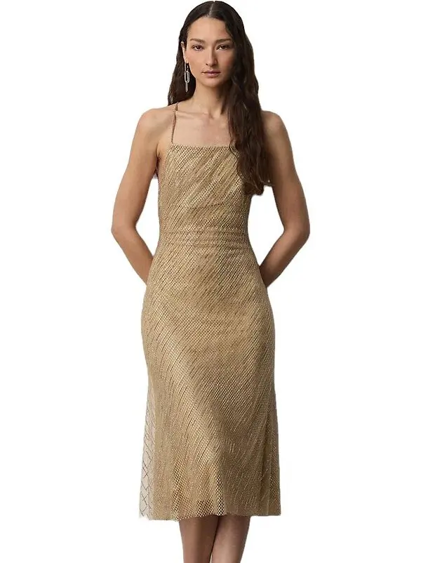 Ralph Lauren Donnely Embellished Tulle Cocktail Dress - Tan