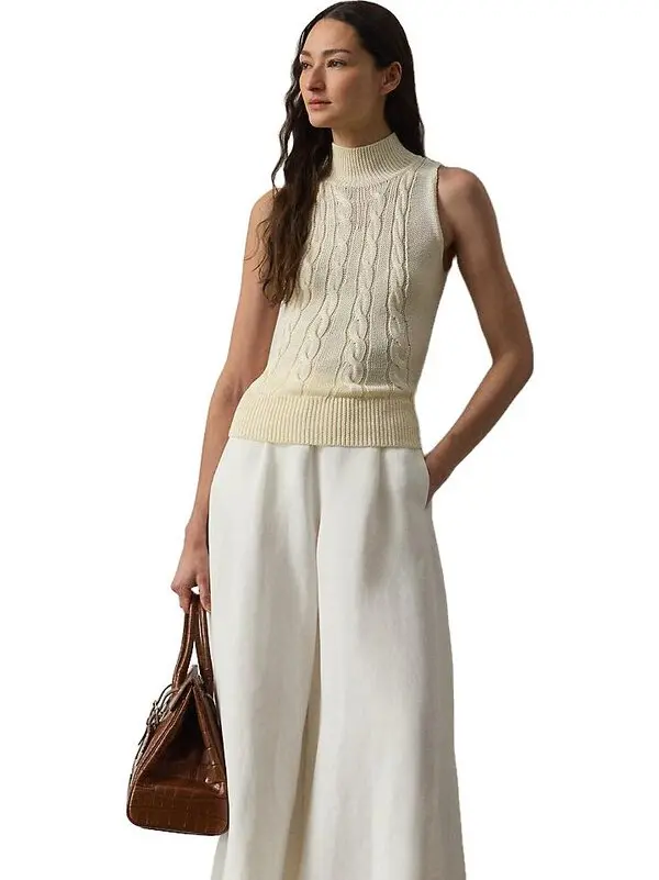 Ralph Lauren Cable-knit Silk Sleeveless Turtleneck - Lux Cream
