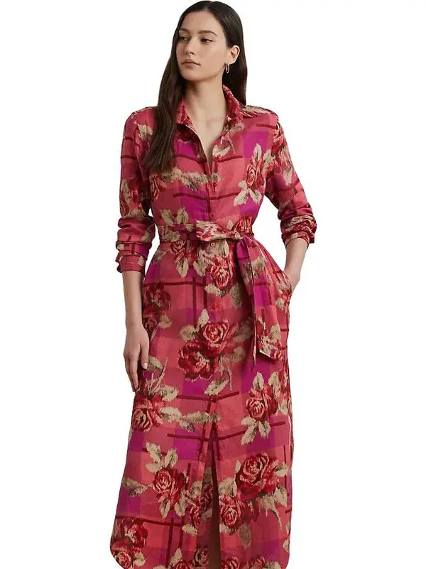 Ralph Lauren Floral Checked Linen Shirtdress - Red/pink Multi