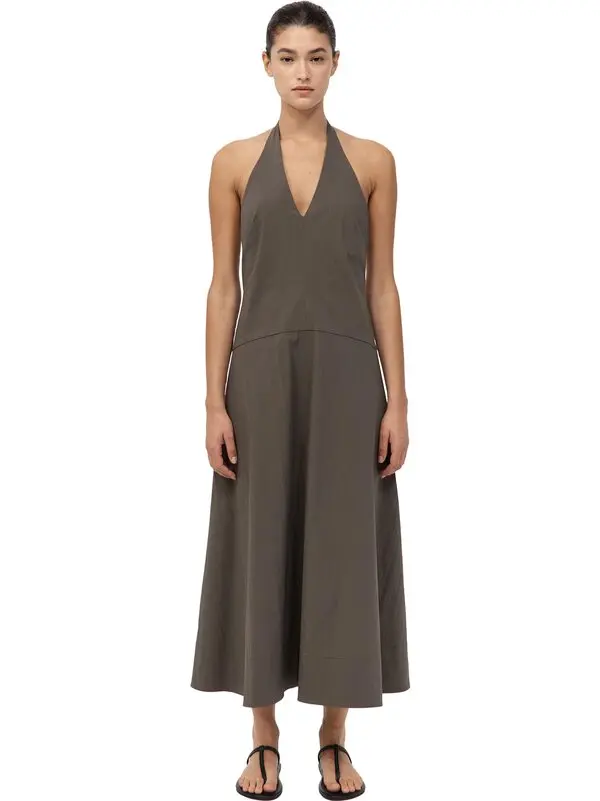 ST AGNI Halter Plunge 7/8 Length Dress - Khaki