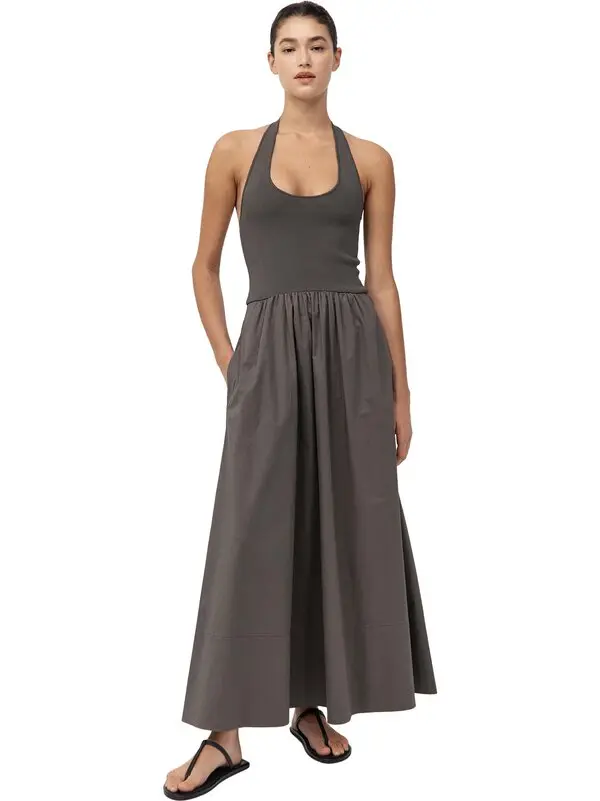 ST AGNI Halter Gathered Maxi Dress - Khaki