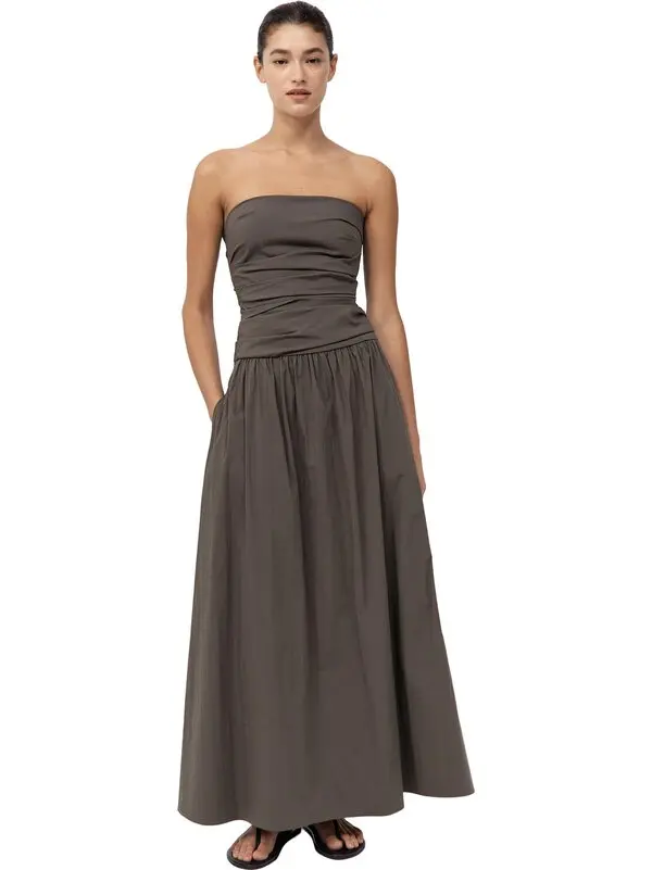 ST AGNI Gathered Strapless Tie Back Maxi Dress - Khaki