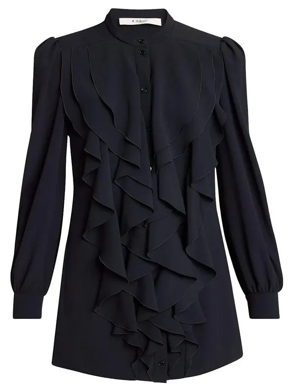 Chloé Ruffle Front Long-sleeve Mini Dress - Black