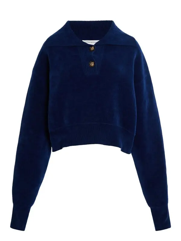 Victoria Beckham Collared Cotton Cropped Sweater - Navy