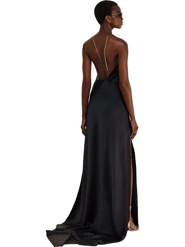 Victoria Beckham Chain Detail Halter Gown - Navy