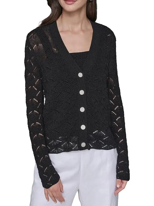 Karl Lagerfeld Paris Fan Detail Button-up Sweater - Black