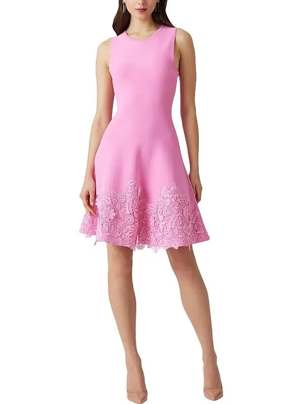 Rickie Freeman For Teri Jon Knit Fit-and-flare Lace Trim Dress - Car Pink