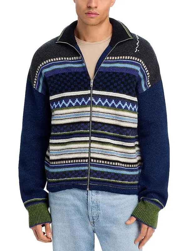Marni Jacquard Regular Fit Wool Cardigan - Glass Blue