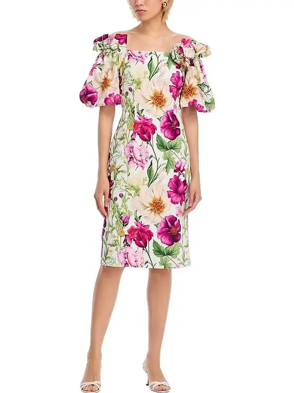 Rickie Freeman For Teri Jon Off-the-shoulder Floral Dress With Balloon Sleeves - White Multi