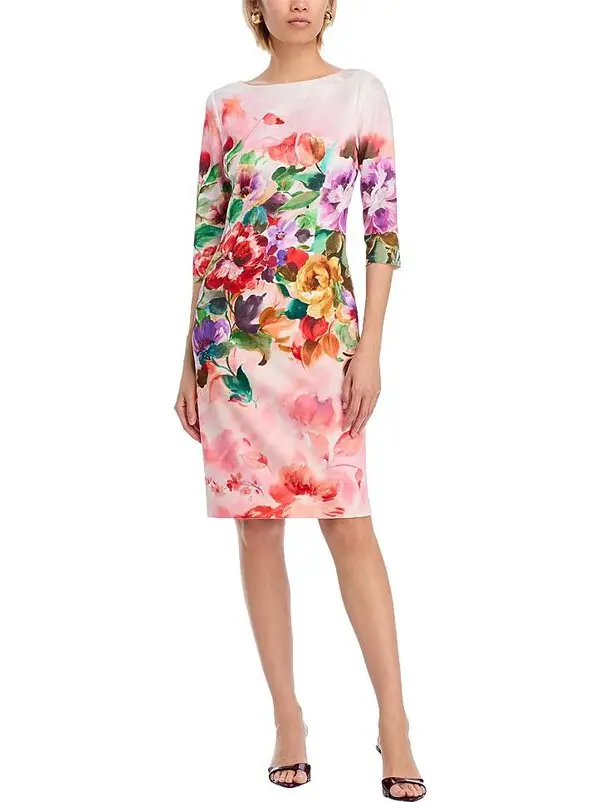 Rickie Freeman For Teri Jon Scuba Floral Three Quarter Sleeve Dress - White Multi