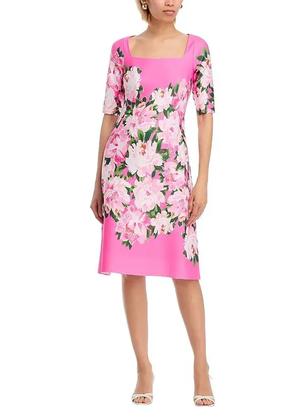 Rickie Freeman For Teri Jon Scuba Square Neck Flower Print Dress - Rose Pine Multi