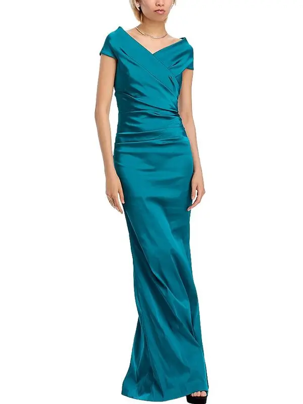 Rickie Freeman For Teri Jon Off-the-shoulder Ruched Satin Gown - Teal