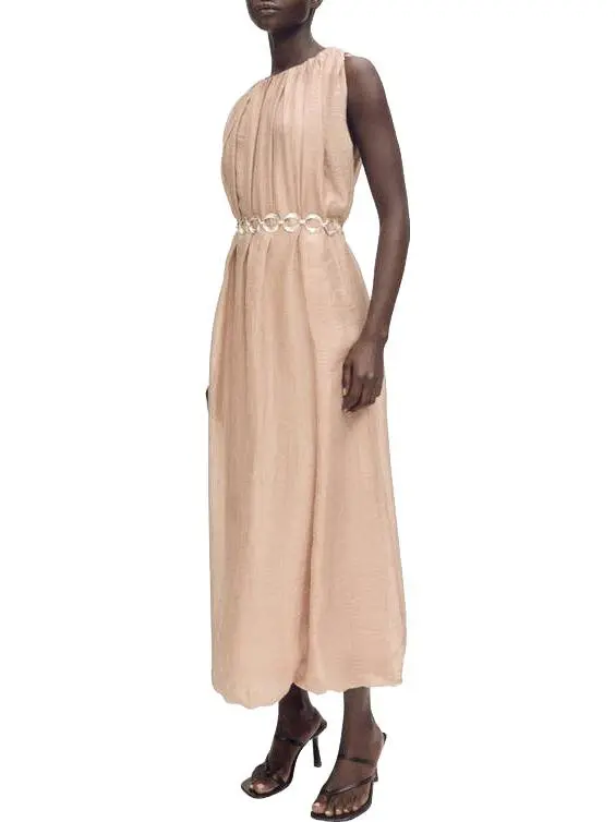 Mango Gathered Belted Maxi Dress - Beige