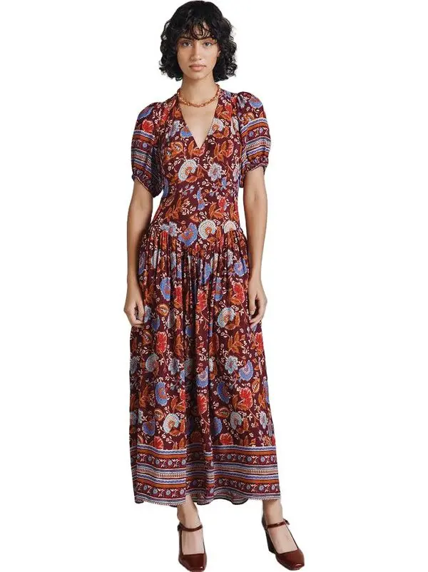 GHOST LONDON Christy Crepe Midi Tea Dress - Burgundy Floral