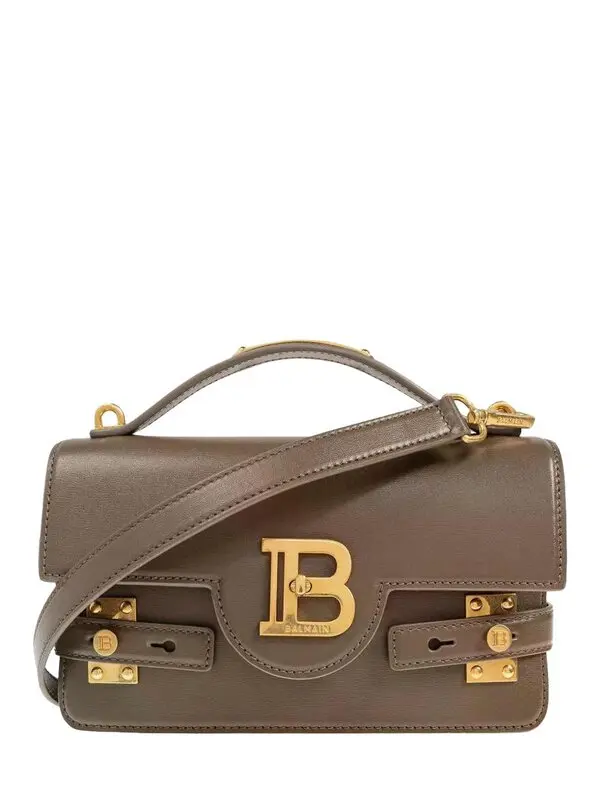 Balmain Leather Shoulder Bag With Logo Plaque - Neutrals