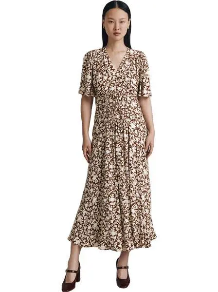 GHOST LONDON Crepe Printed Shirred Tea Dress - Russet Floral