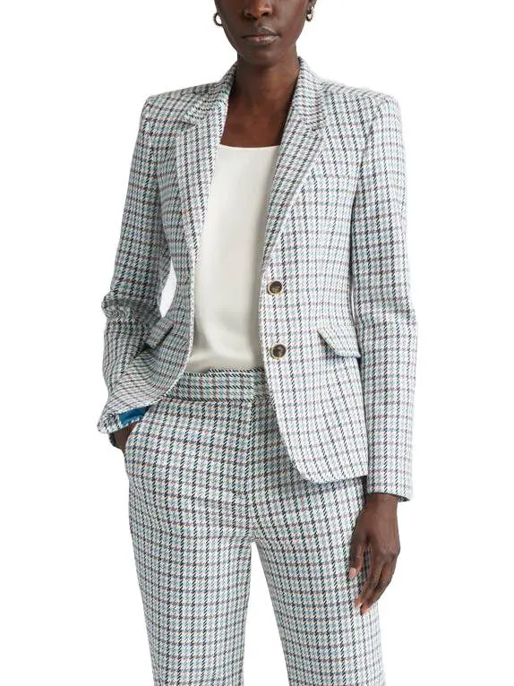 St. John Houndstooth Stretch Cotton Blazer - Tropical Blue/ Ivory Multi