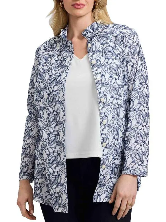 Foxcroft Carolina Floral Embroidered Button-up Shirt - White/ Navy