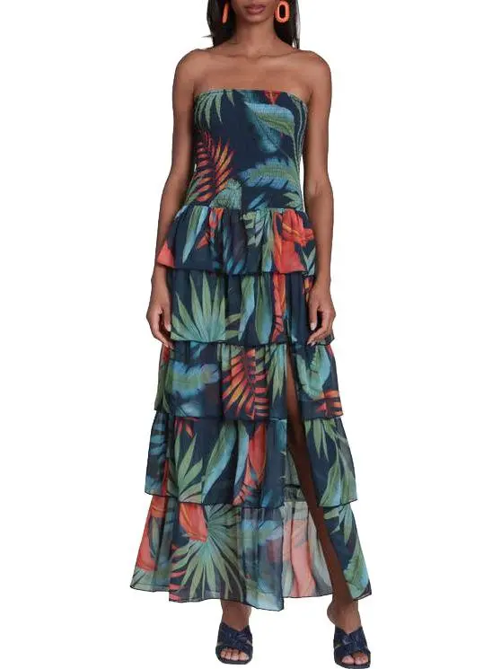 Avec Les Filles Mixed Print Strapless Tiered Maxi Dress - Navy Birds Of Paradise