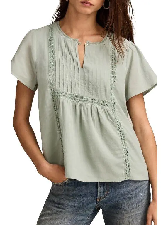 Lucky Brand Pintuck Lace Trim Cotton Peasant Top - Blue Surf
