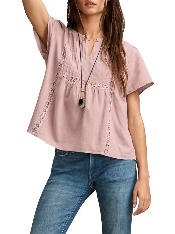 Lucky Brand Pintuck Lace Trim Cotton Peasant Top - Mauve Shadows