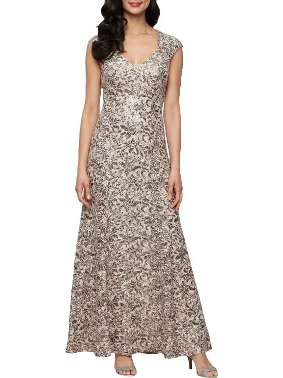 Alex Evenings Sequin Corded Lace Sleeveless Gown - Mink