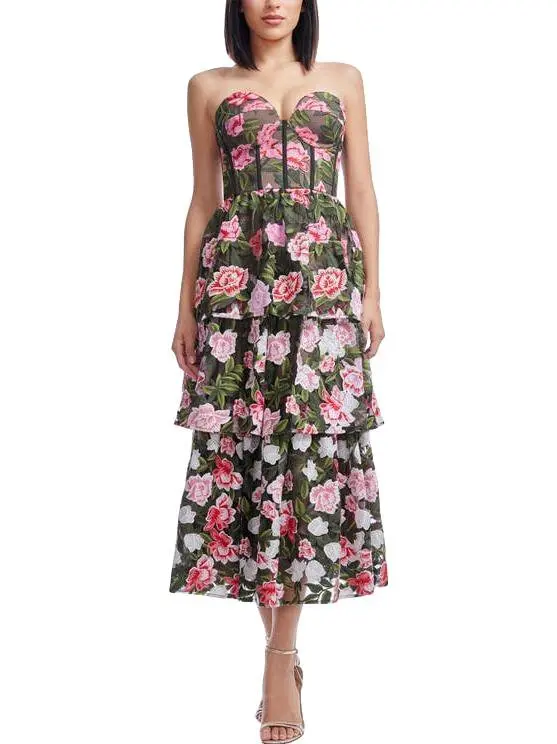 Dress The Population Floral Embroidered Strapless Cocktail Dress - Pink Rose Multi