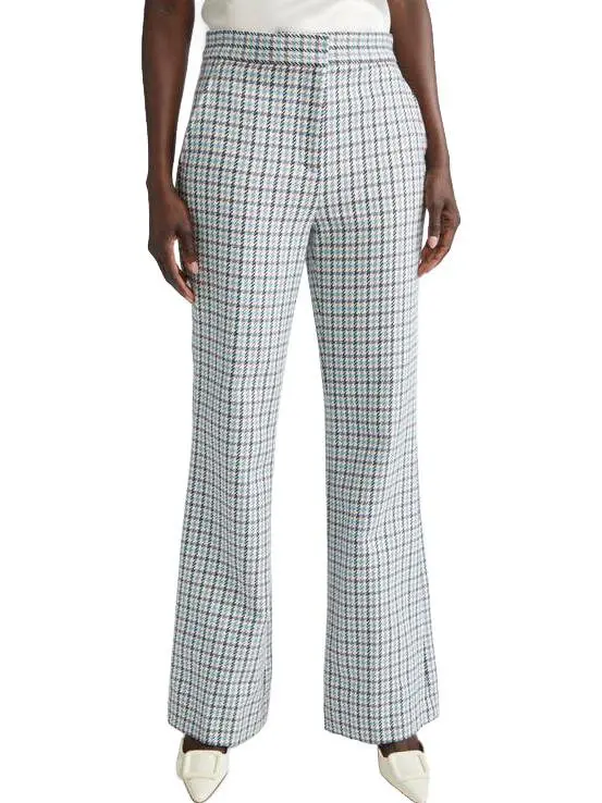 St. John Houndstooth Stretch Cotton Flare Leg Pants - Tropical Blue/ Ivory Multi