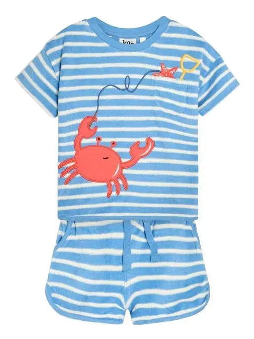 JOJO MAMAN BEBE Crab Appliqué Stripe Terry Cloth T-shirt & Drawstring Shorts Set - Blue