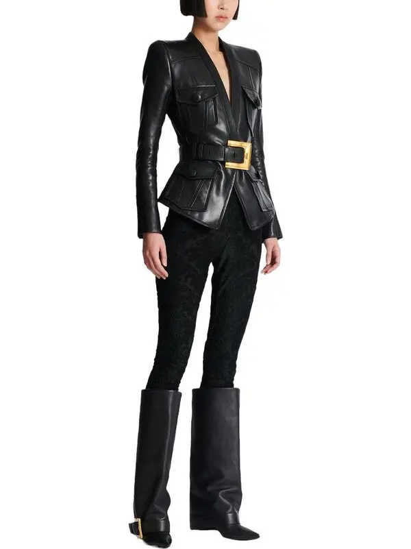 Balmain 1-button Belted Leather Jacket - Black