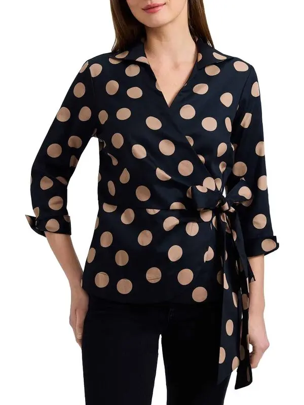 Foxcroft Salina Polka Dot Cotton Wrap Shirt - Black/ Almond