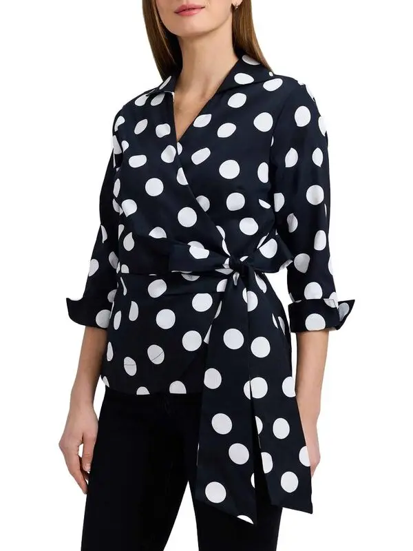 Foxcroft Salina Polka Dot Cotton Wrap Shirt - Black/ White