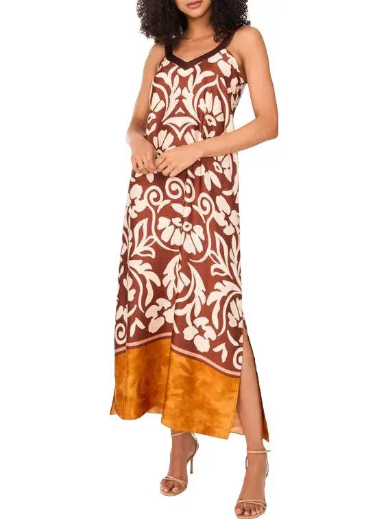 Halogen Floral Border Print Sleeveless Satin Maxi Dress - Cafe