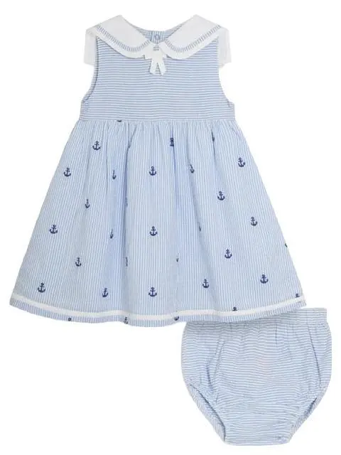 JOJO MAMAN BEBE Nautical Embroidered Romper & Hat Set - Blue