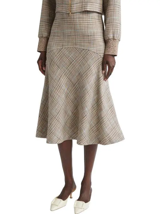 St. John Prince Of Wales Plaid Midi Skirt - Camel/ Ecru/ Mouline