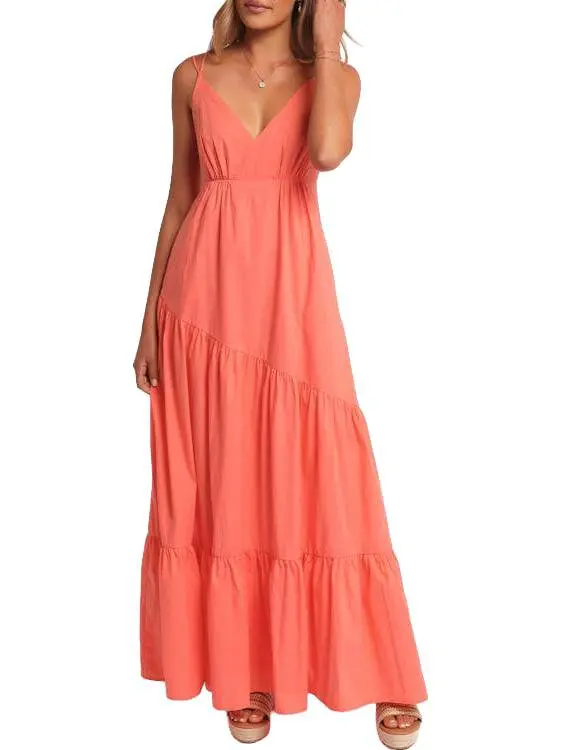 PETAL & PUP Tiered Cotton Maxi Dress - Coral