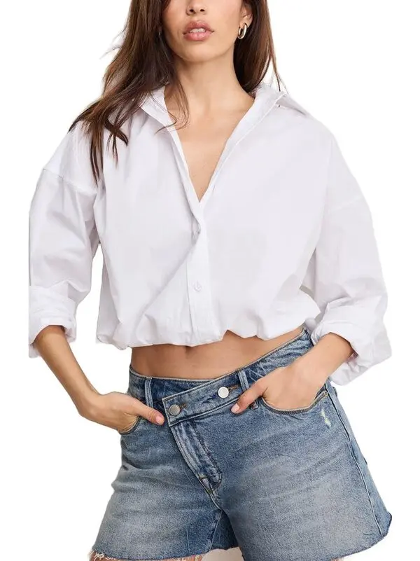 Good American Bubble Hem Crop Poplin Button-up Shirt - White001