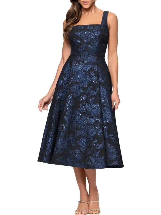 XSCAPE EVENINGS Brocade Cocktail Midi Dress - Black/ Royal