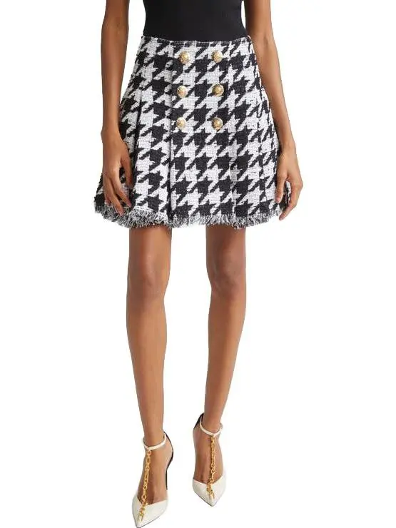 Balmain Houndstooth Tweed Flared Skirt - White/ Black