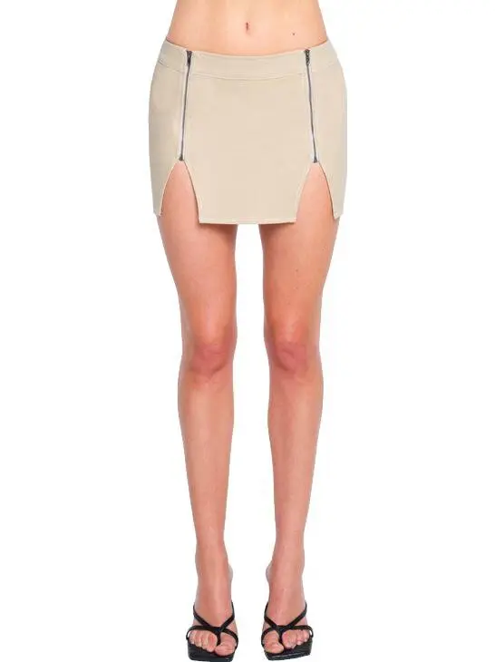OW Mini Skirt With Front Zippers - Beige