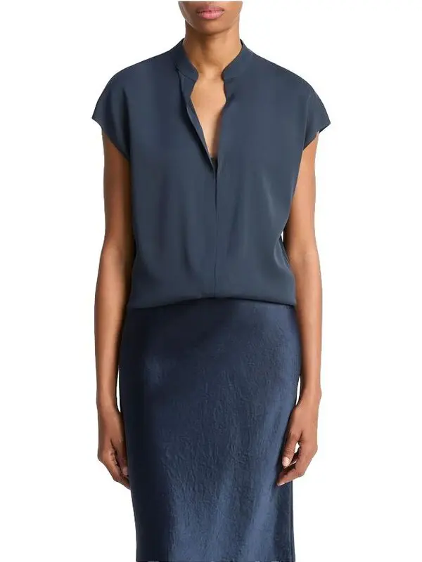 Vince Contrast-placket Stretch-silk Cap-sleeve Blouse - Blue