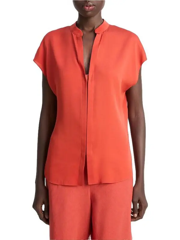 Vince Contrast-placket Stretch-silk Cap-sleeve Blouse - Red