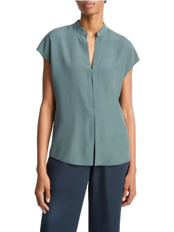 Vince Contrast-placket Stretch-silk Cap-sleeve Blouse - Teal