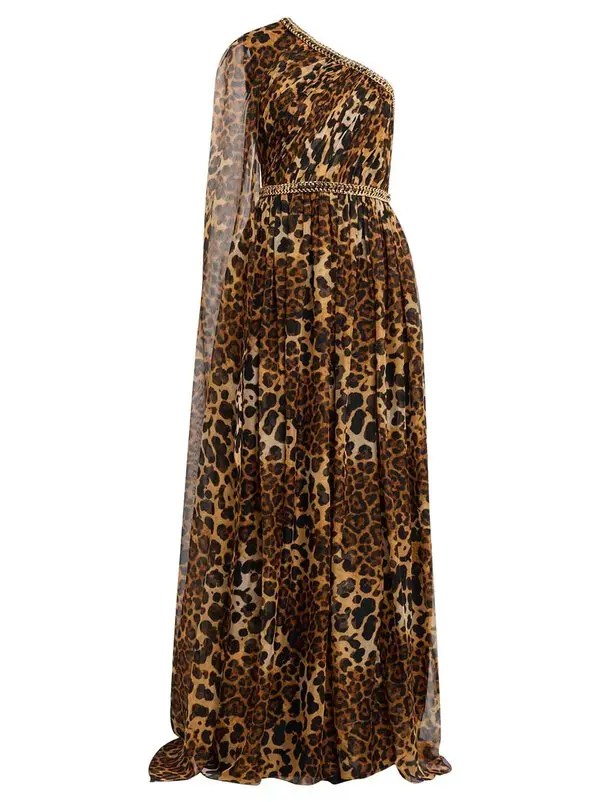 Pamella Roland Leopard Chiffon One-shoulder Gown - Brown Multi